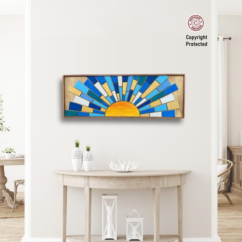 Blue Sun Rise Mosaic Wood Wall Art Sunset Wooden Wall Hanging Sunrise ...