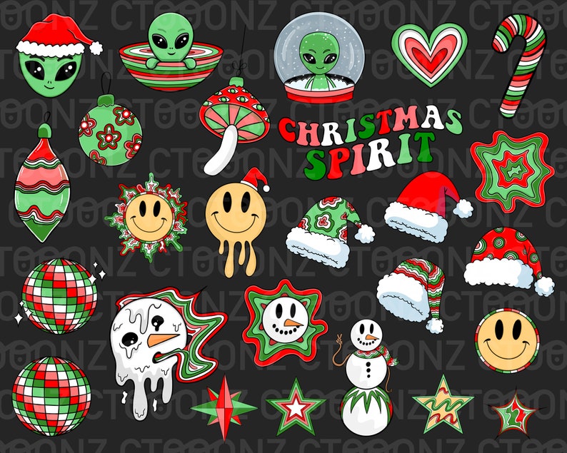 Retro Trippy Christmas Clipart PNG Bundle, Groovy Alien Designs ...