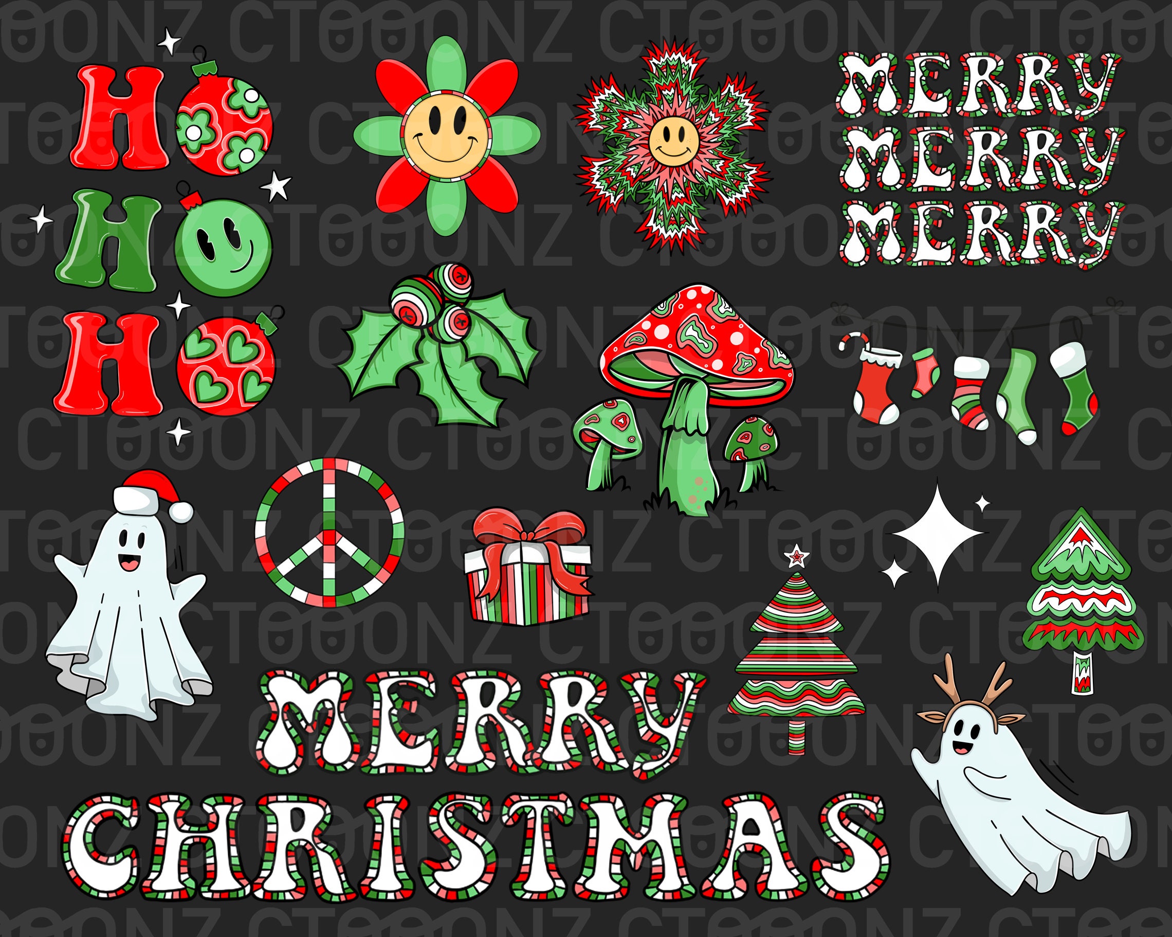 Retro Trippy Christmas Clipart PNG Bundle, Groovy Alien Christmas ...