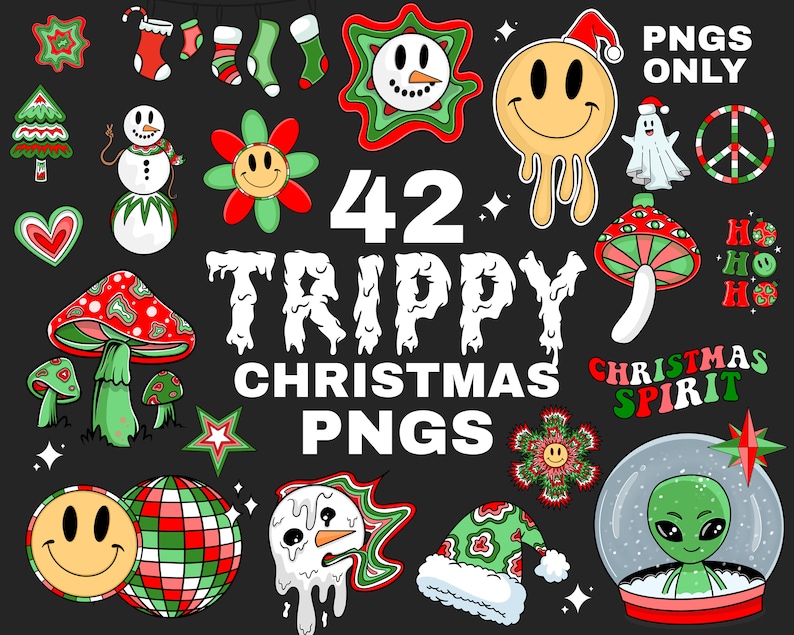 Retro Trippy Christmas Clipart PNG Bundle, Groovy Alien Designs ...