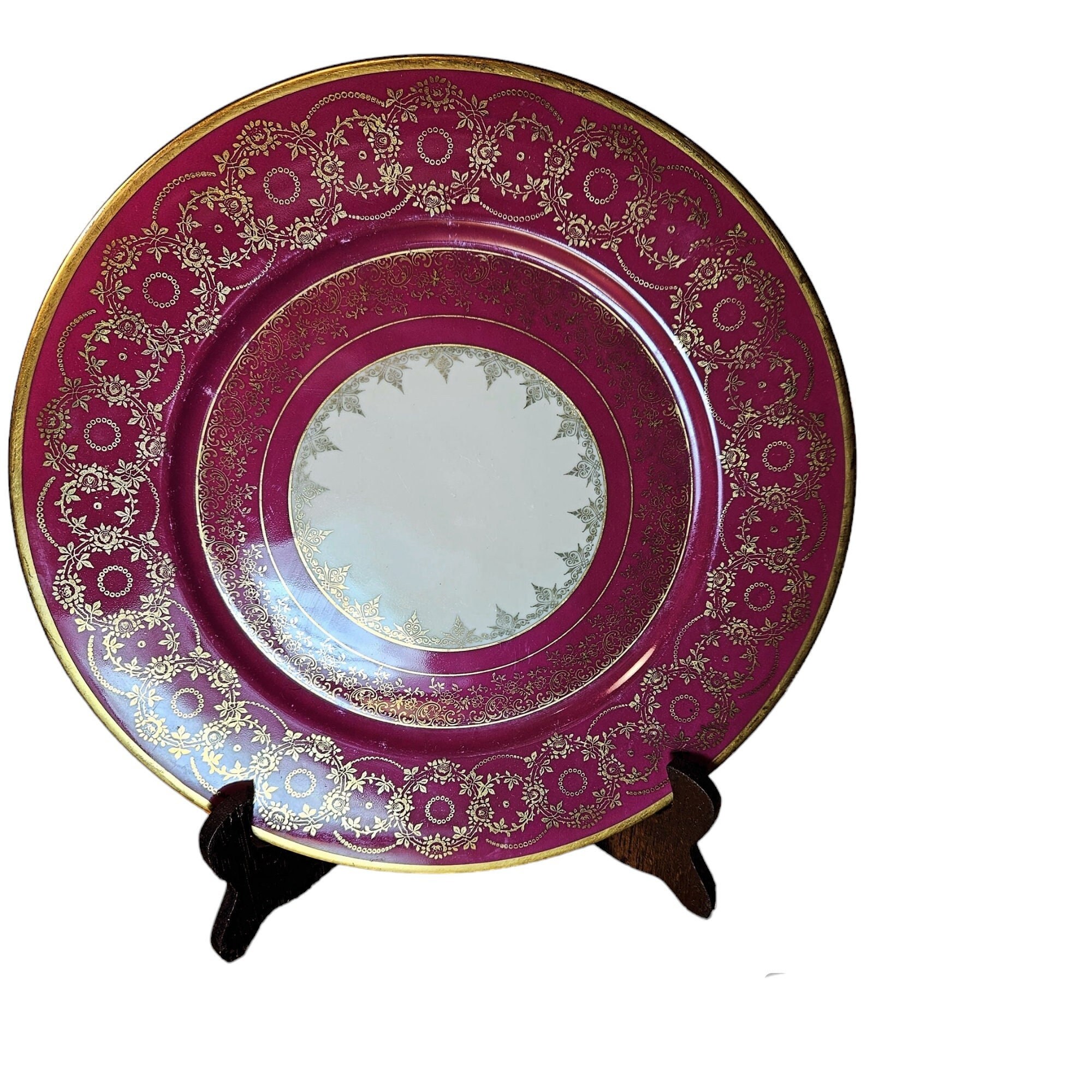 A Set of 2 Vintage TK Thun Bohemia Plates, Gold Gilt Burgundy ...