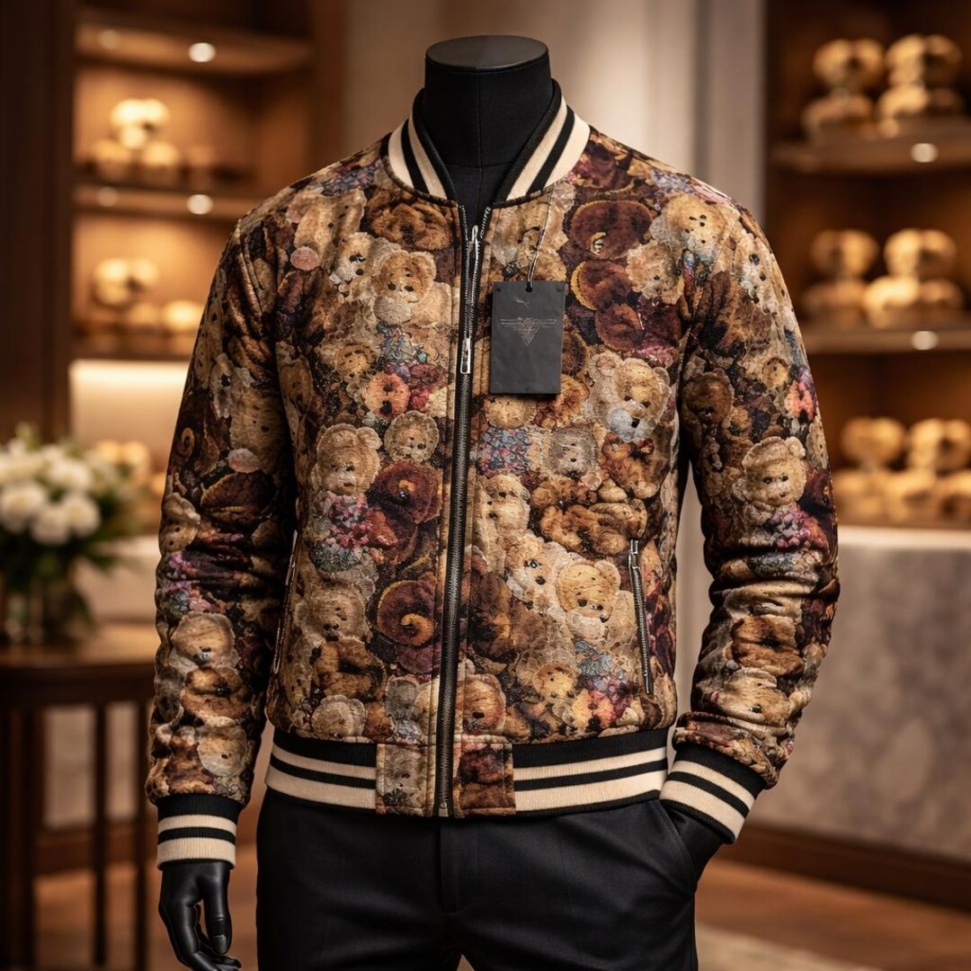 Men's Multi Faces Teddy Bears Varsity Bomber Tapestry Jacket Size M NWT ...
