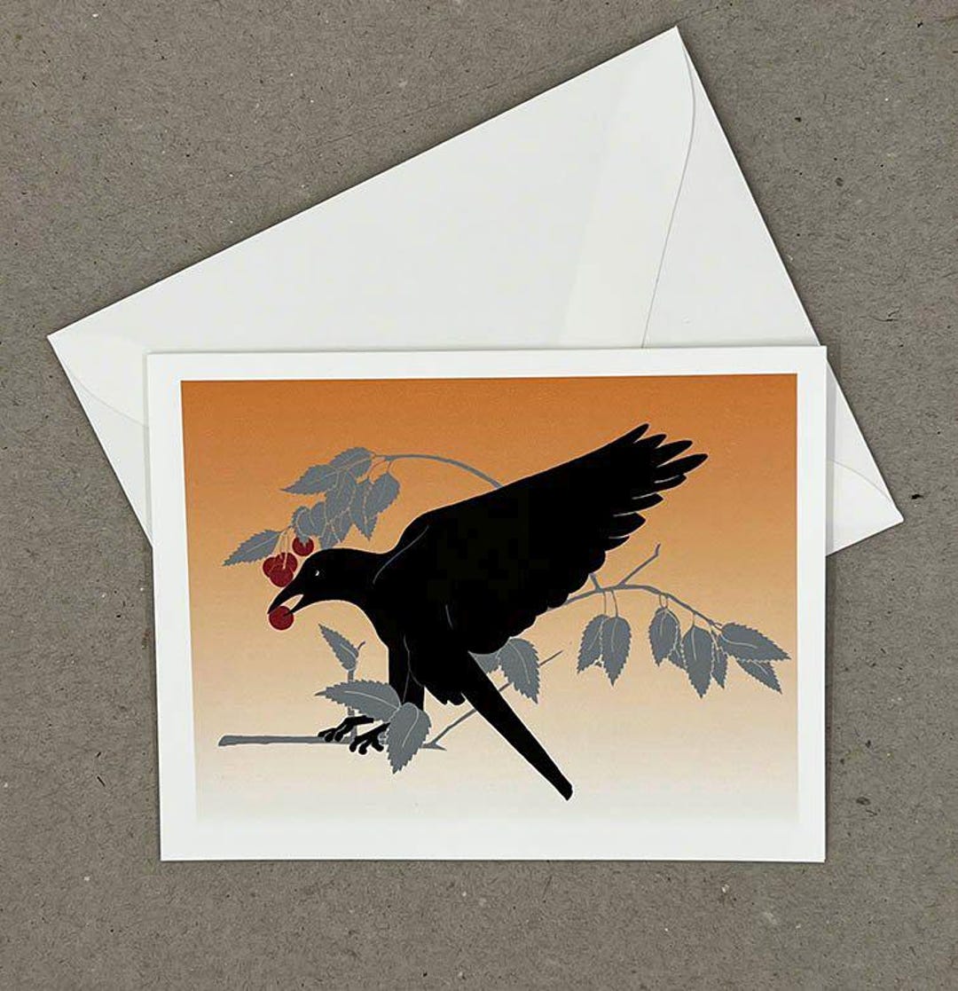 Cherry Thief Landing on Branch Note Card, Crow, Raven, Bird Lovers ...