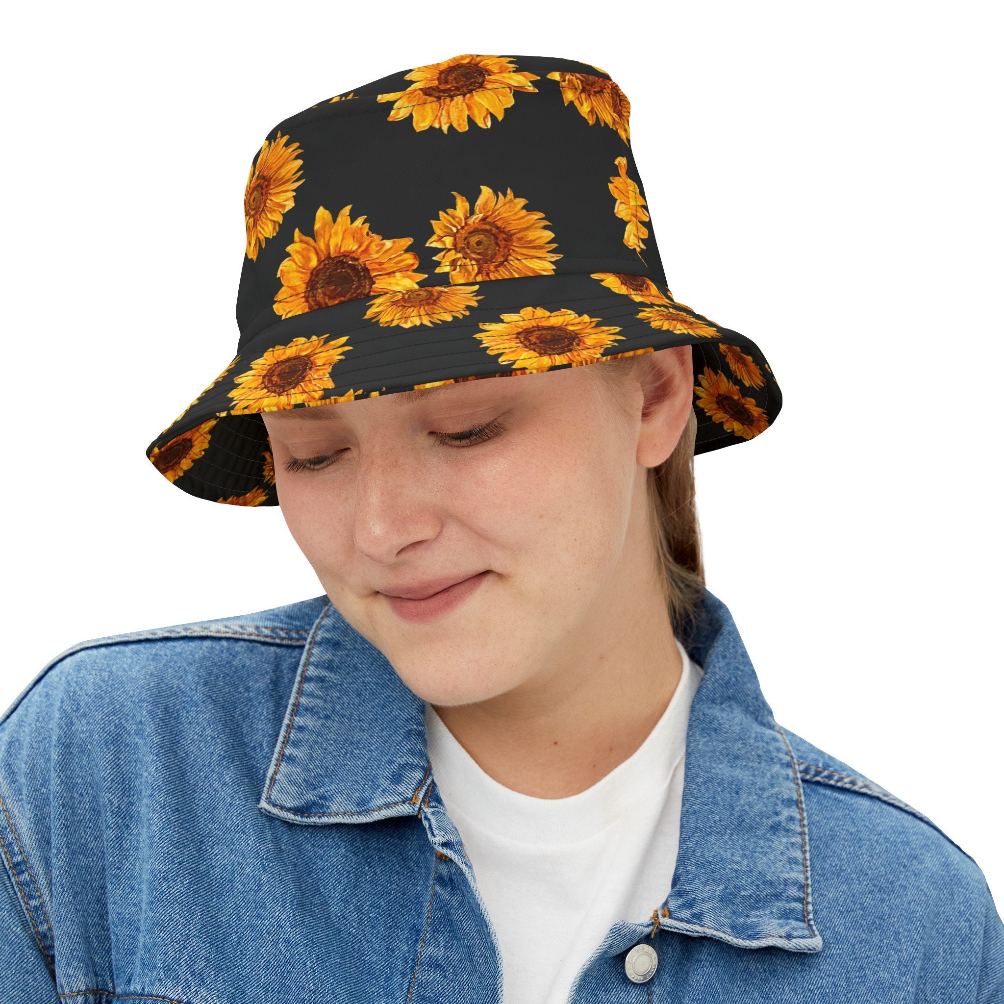 Sunflower Bucket Hat Summer Hat Floral Hat Black Hate Gift Idea Gift ...