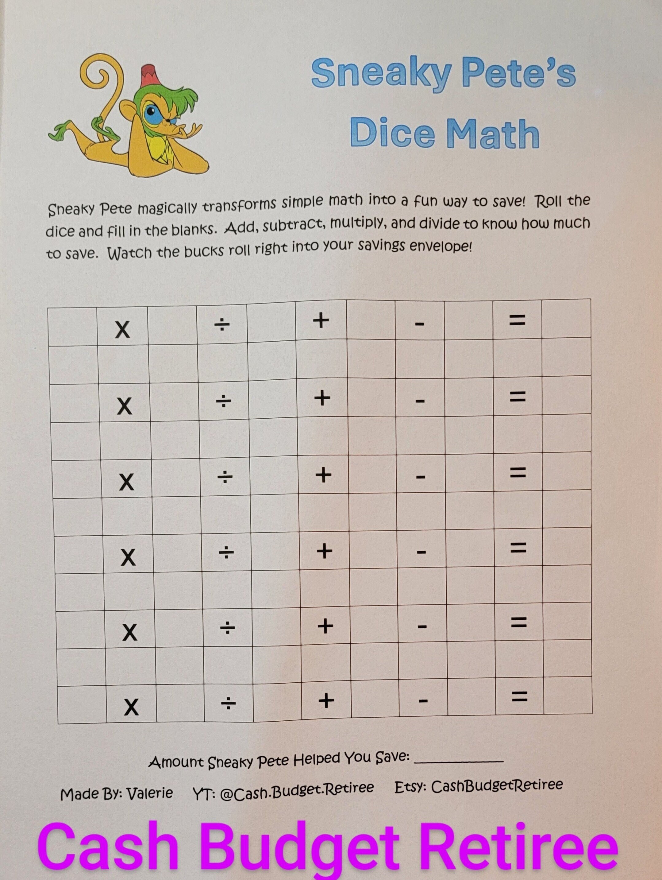 Sneaky Pete's Dice Math Game Chart 8.5x11 Dashboards A5, A6 Savings ...
