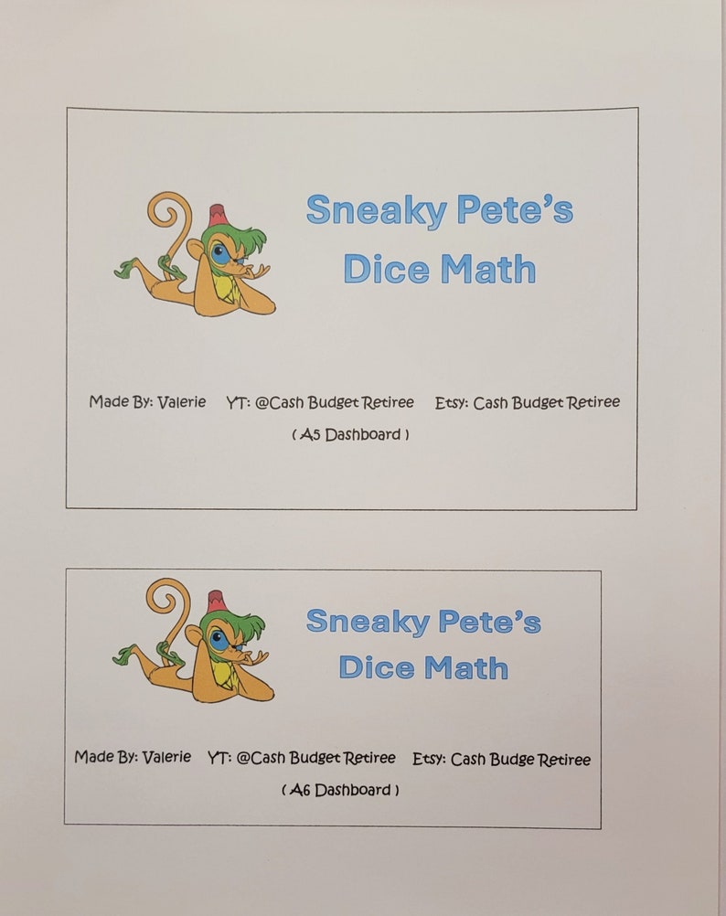 Sneaky Pete's Dice Math Game Chart 8.5"x11" + Dashboards A5, A6 Savings ...