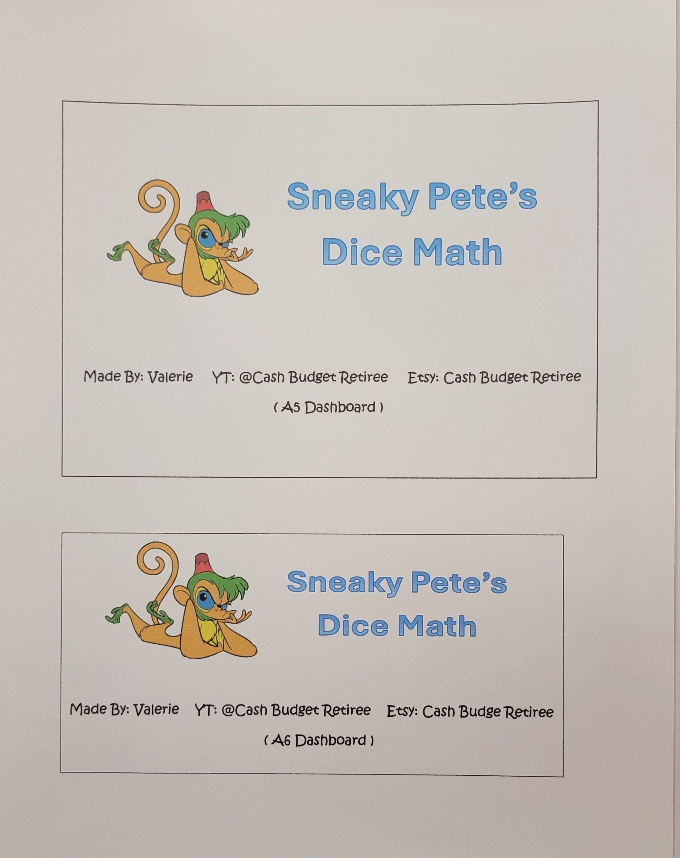 Sneaky Pete's Dice Math Game Chart 8.5"x11" + Dashboards A5, A6 Savings ...