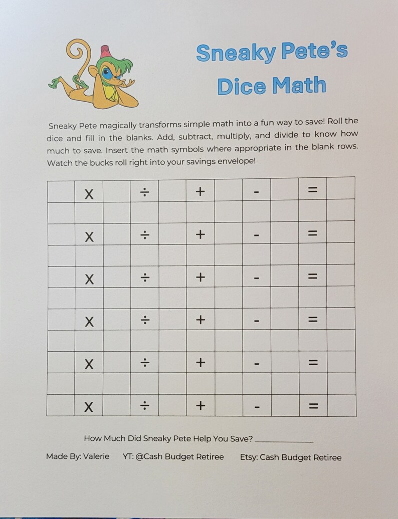 Sneaky Pete's Dice Math Game Chart 8.5"x11" + Dashboards A5, A6 Savings ...