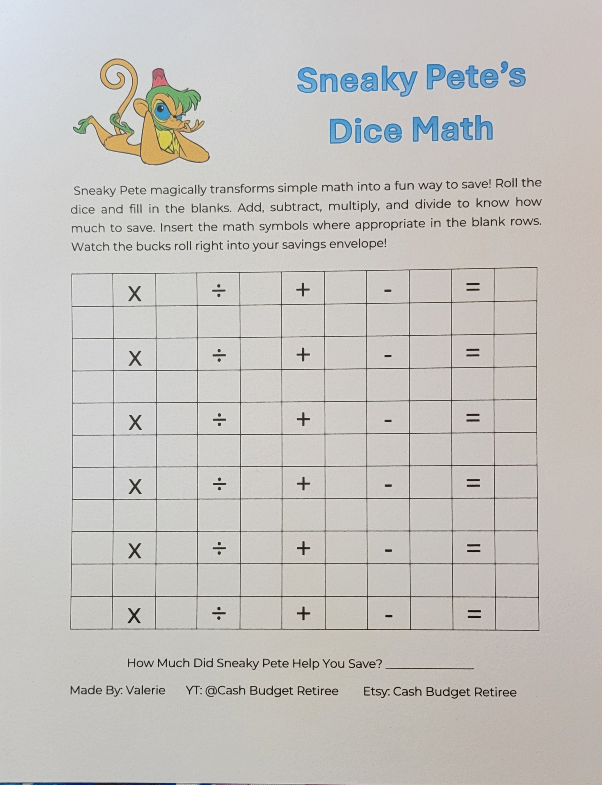 Sneaky Pete's Dice Math Game Chart 8.5"x11" + Dashboards A5, A6 Savings ...