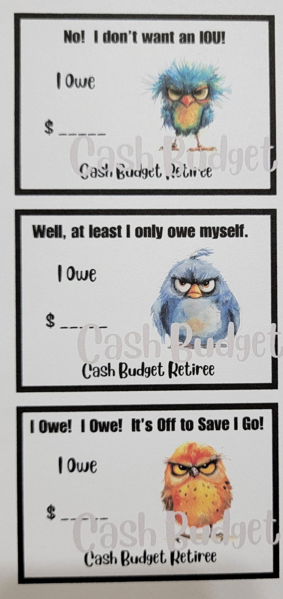 IOU Cards Grumpy Birds for Savings Challenges - 9 Funny IOU Cards ...