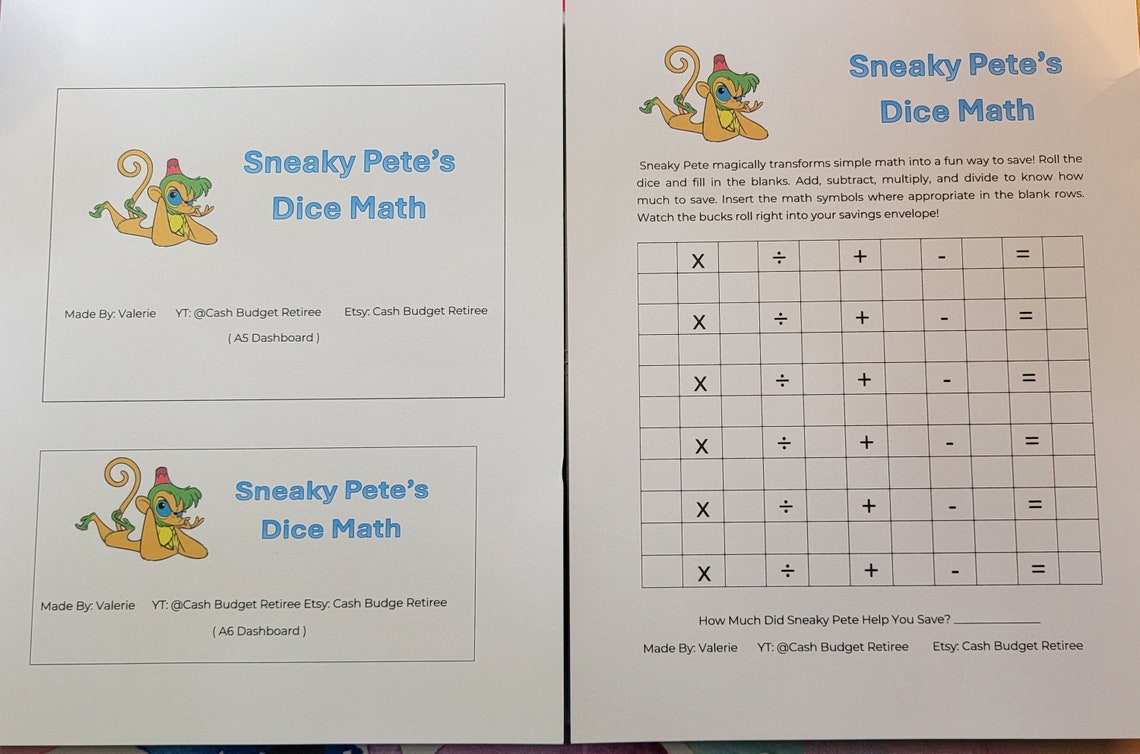 Sneaky Pete's Dice Math Game Chart 8.5"x11" + Dashboards A5, A6 Savings ...