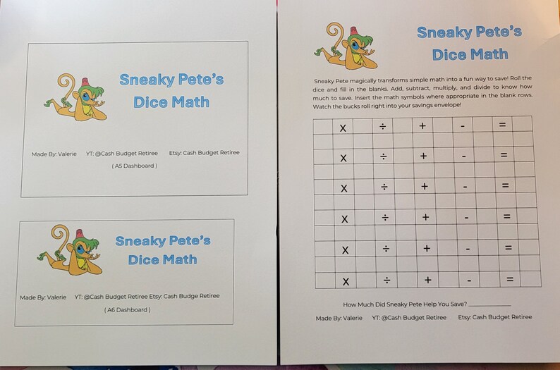 Sneaky Pete's Dice Math Game Chart 8.5"x11" + Dashboards A5, A6 Savings ...