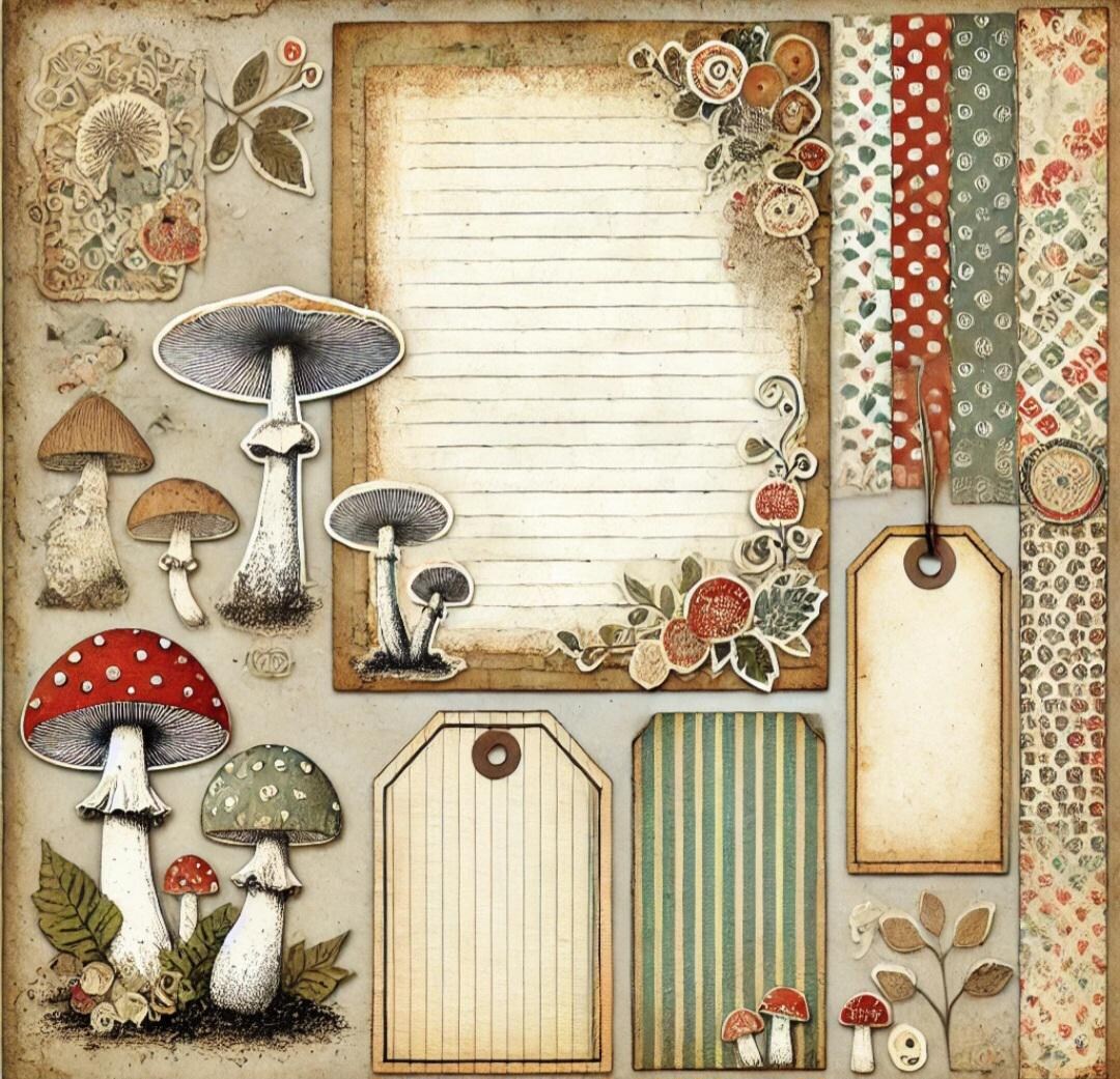 Printable Red and Green Vintage Mushroom Scrapbook Page Digital ...