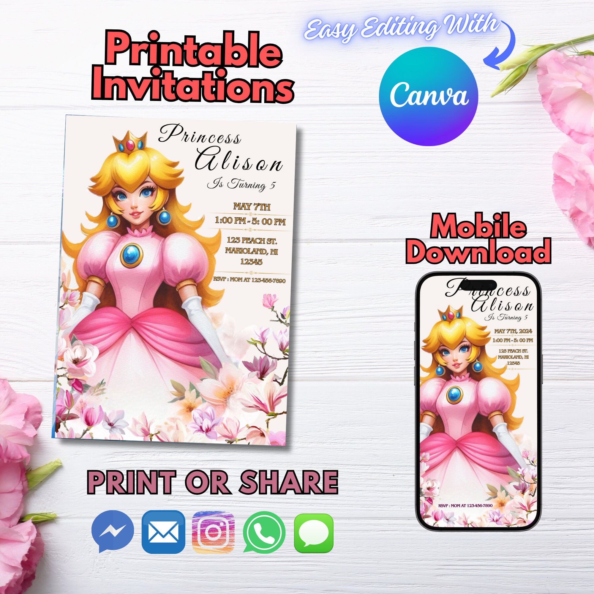 Princess Peach Birthday Invitation Mario Party Printable Invite Instant Download - Etsy