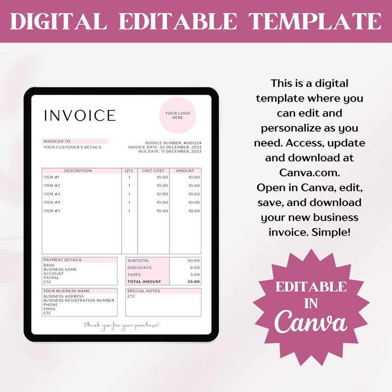 Editable Invoice & Receipt Template Bundle, Printable and Editable ...