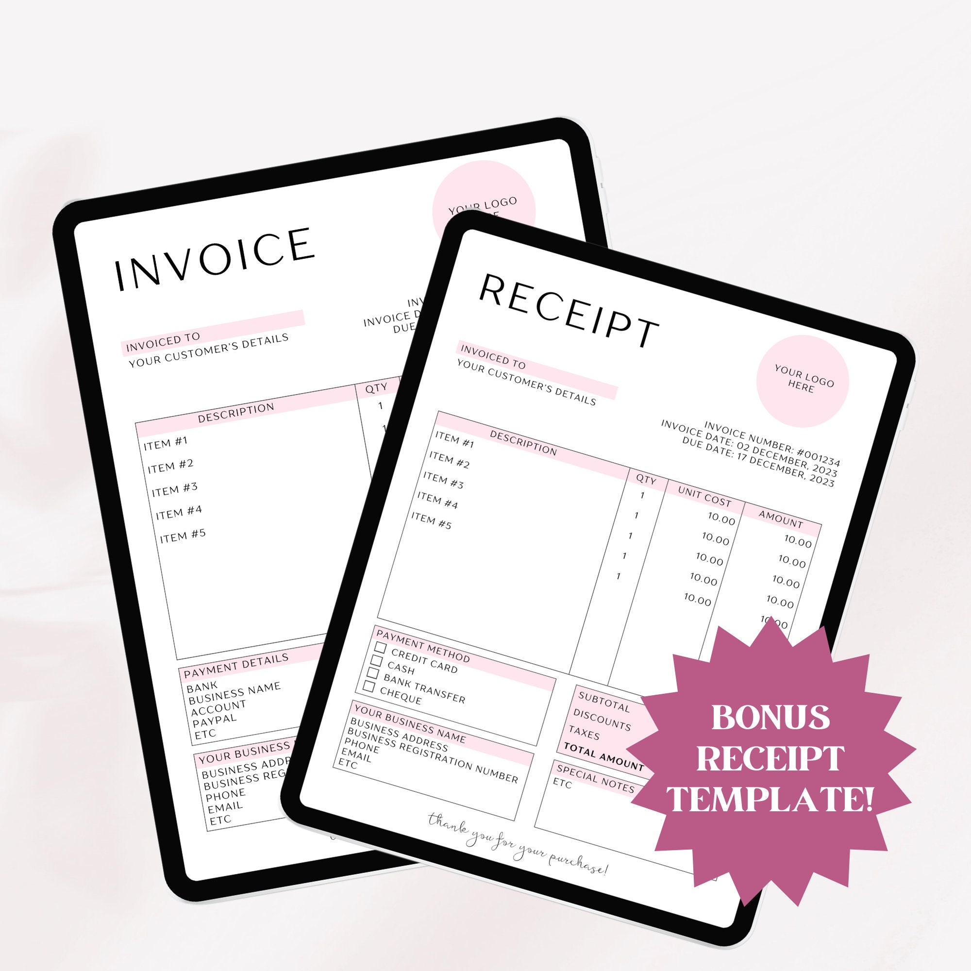 Editable Invoice Template With BONUS Receipt Template Bundle, Printable ...