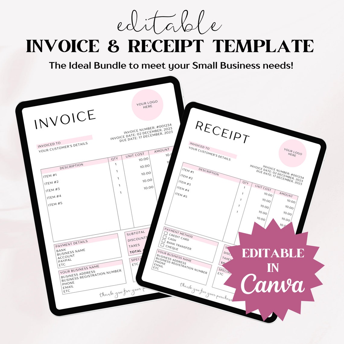 Editable Invoice & Receipt Template Bundle, Printable and Editable ...