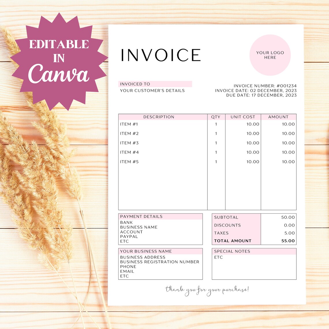 Editable Invoice & Receipt Template Bundle, Printable and Editable ...