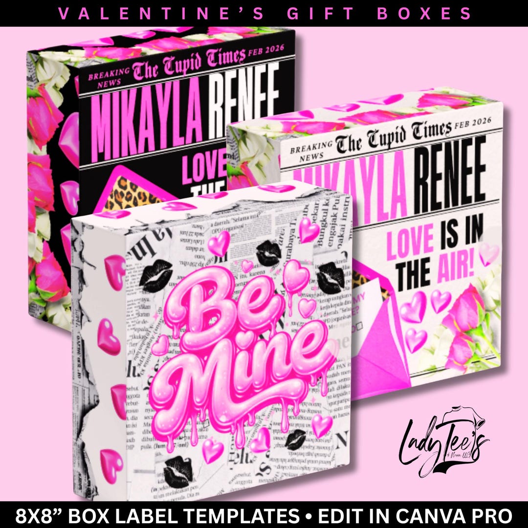 Valentine’s Gift Box Label PNG – 8x8 Editable Template – Be Mine Canva ...
