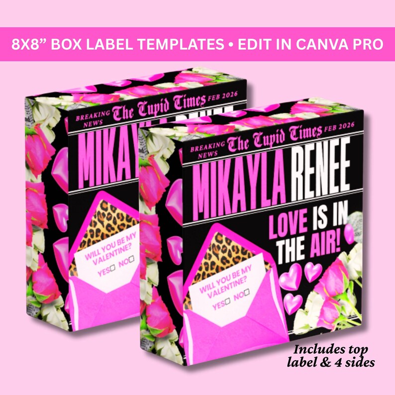 Valentine’s Gift Box Label PNG – 8x8 Editable Template – Be Mine Canva ...