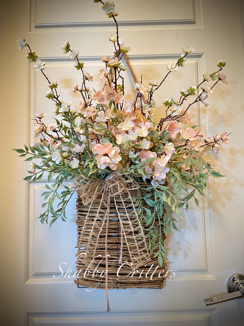 Hanging Grapevine Basket, White, Cream, Peach, Blossom Flower ...
