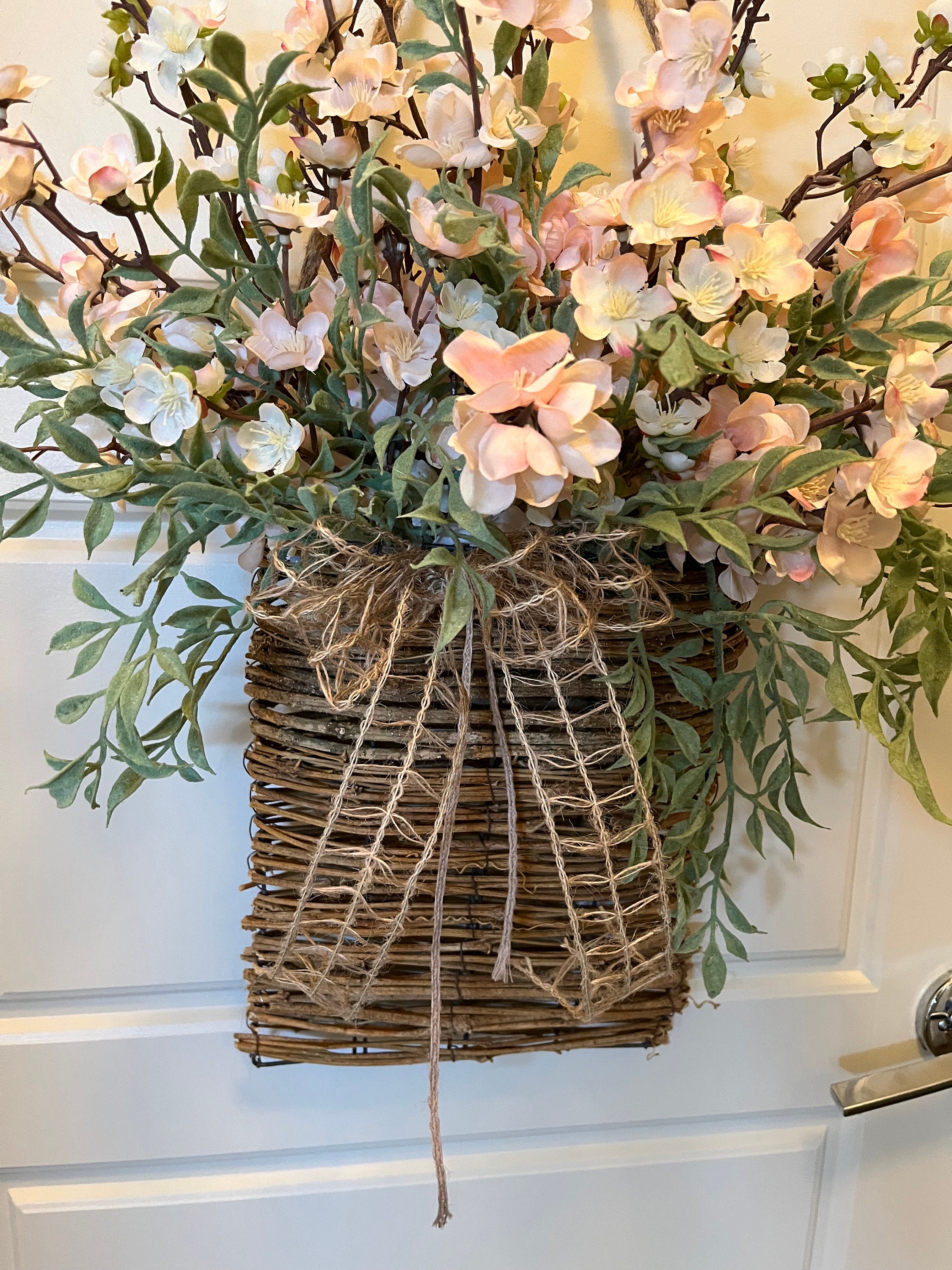 Hanging Grapevine Basket, White, Cream, Peach, Blossom Flower ...