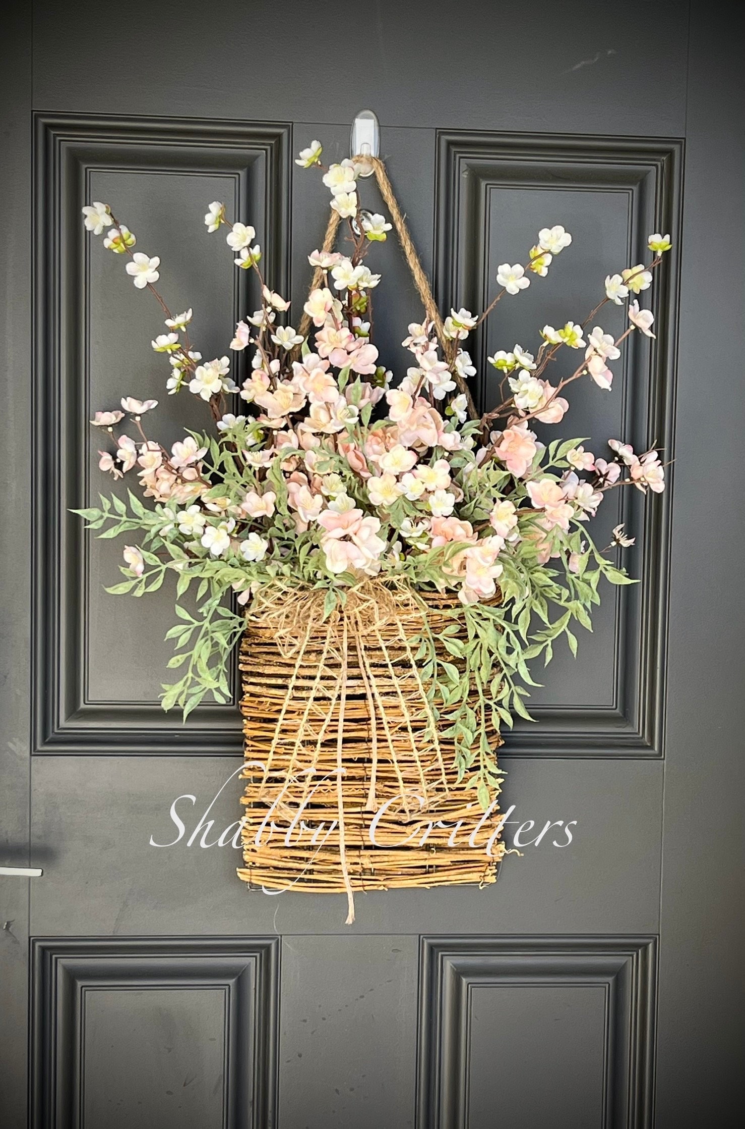 Hanging Grapevine Basket, White, Cream, Peach, Blossom Flower ...