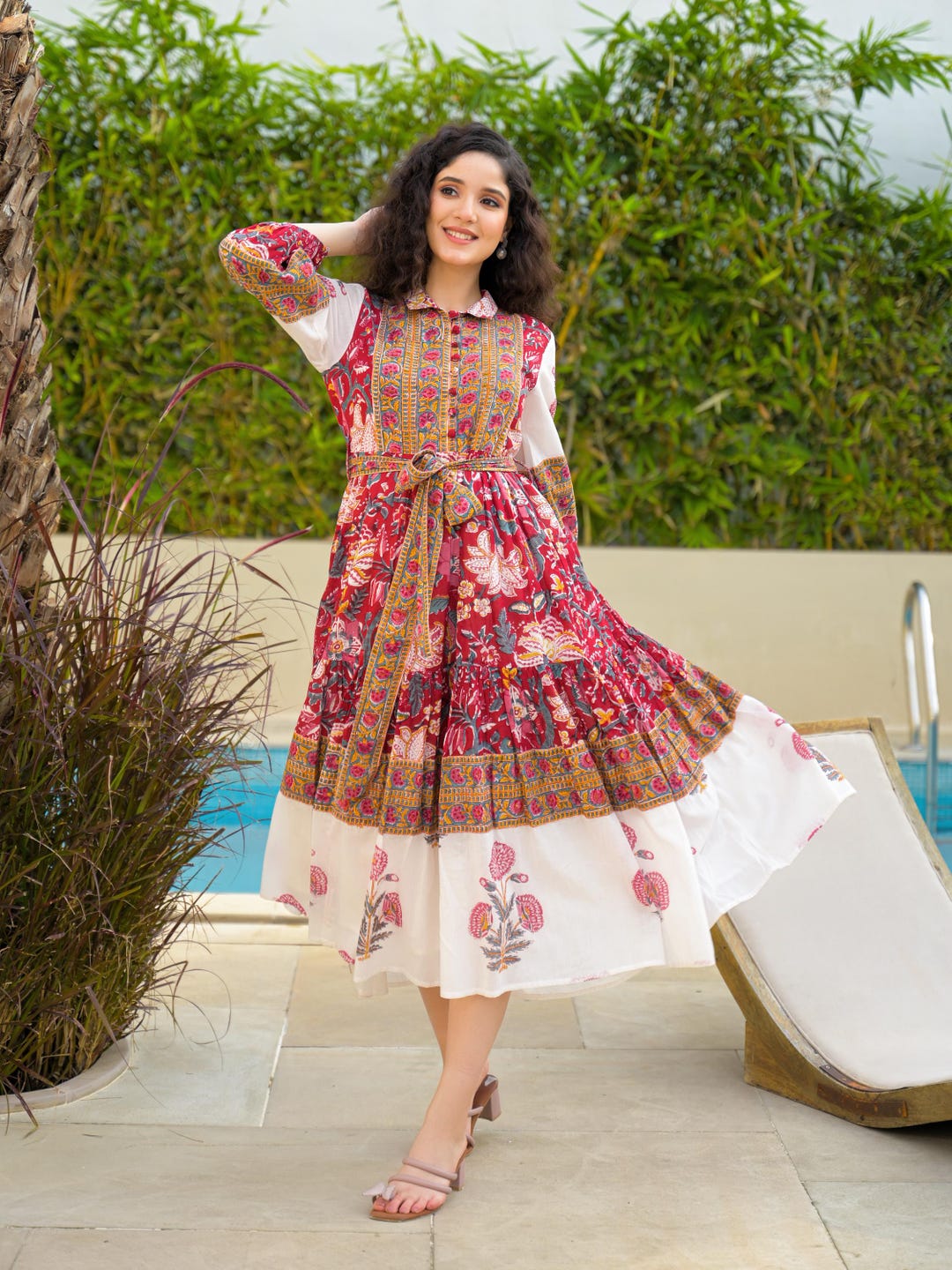 Floral Hand Block Print Maxi Dress | Boho Long Belt Cotton Dress ...