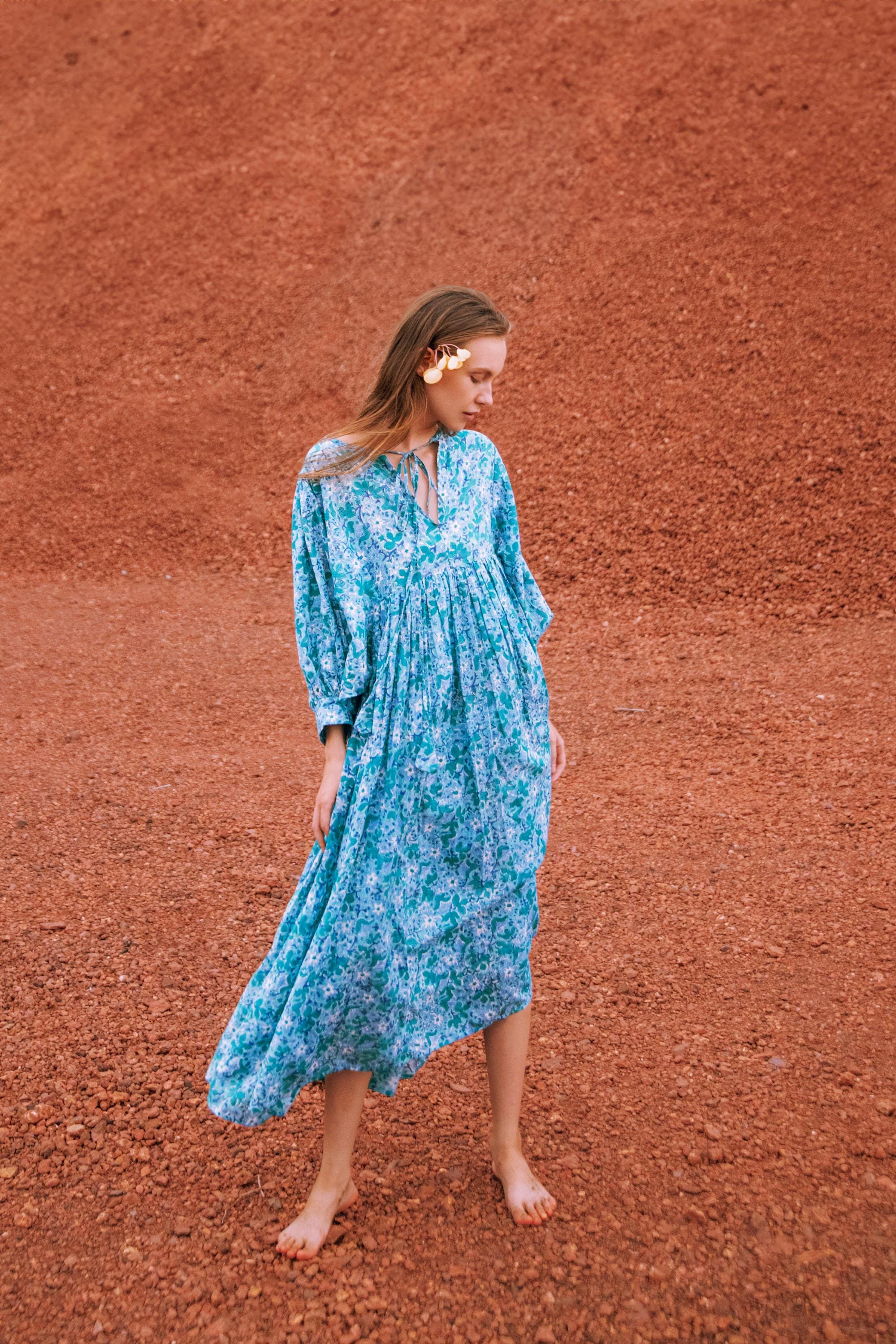 Blue Floral Hand Block Print Kyra Maxi Dress | Bohemian Cotton Dress ...