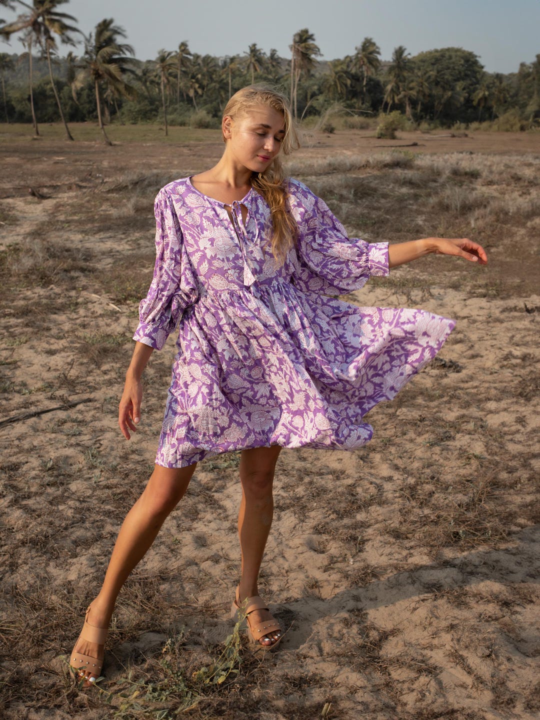 Purple Floral Hand Block Print Mini Dress | Boho Short Cotton Dress ...