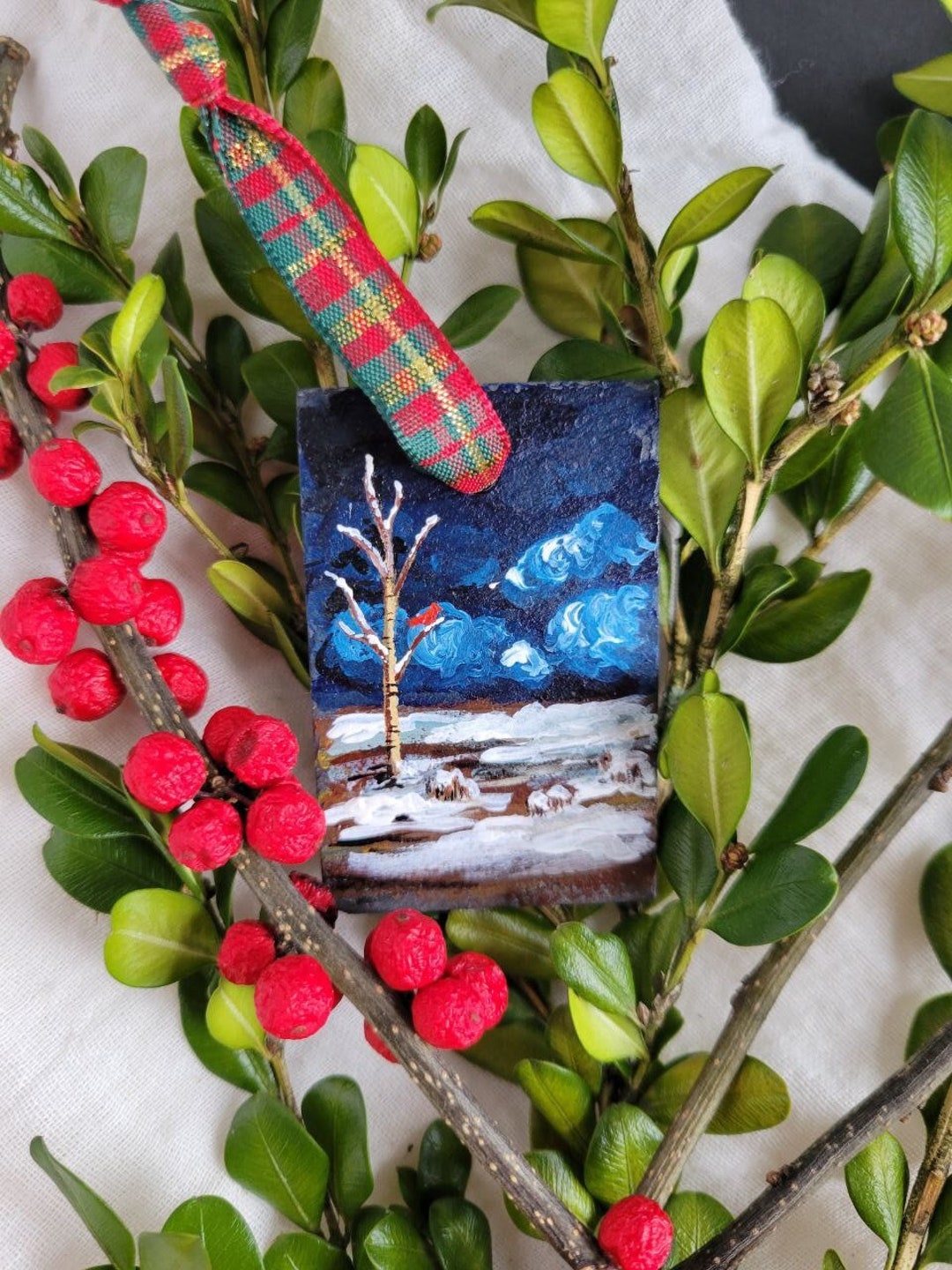 Hand Painted Birch Tree and Cardinal Slate Ornament Snowy - Etsy