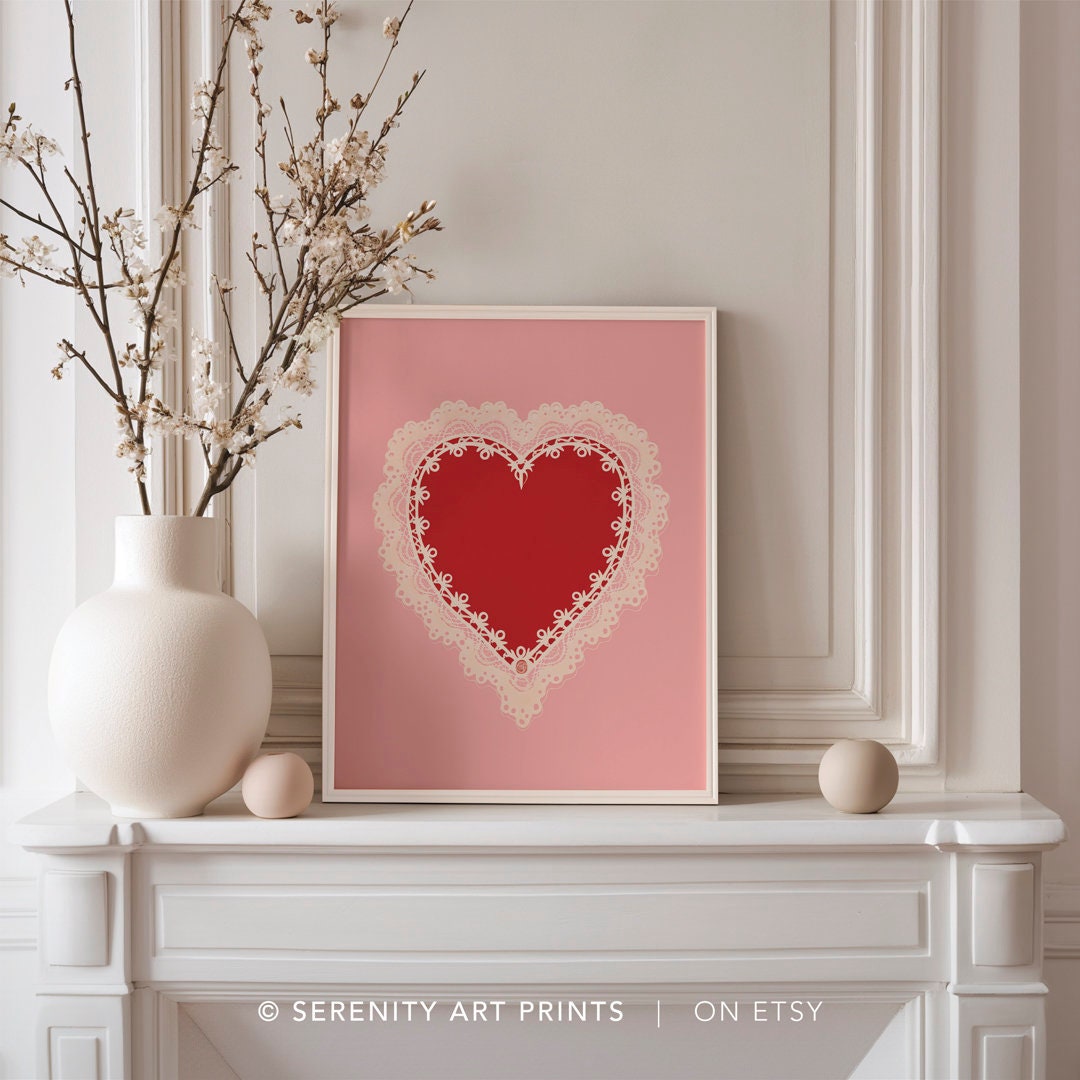 Valentine's Day Heart Doily Art Print: Vintage Farmhouse Decor (digital ...