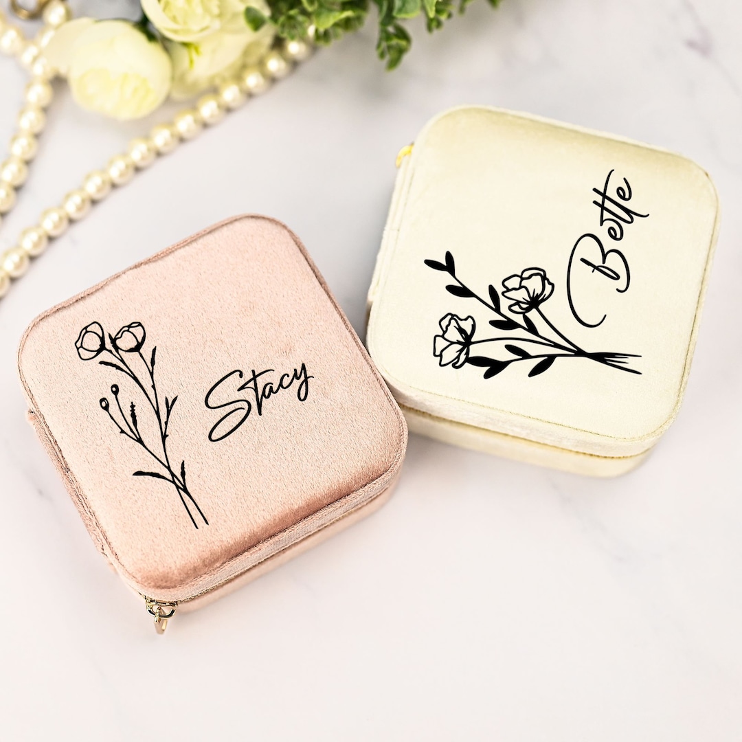 Personalized Birth Flower Velvet Jewelry Box,custom Name Jewelry Box ...