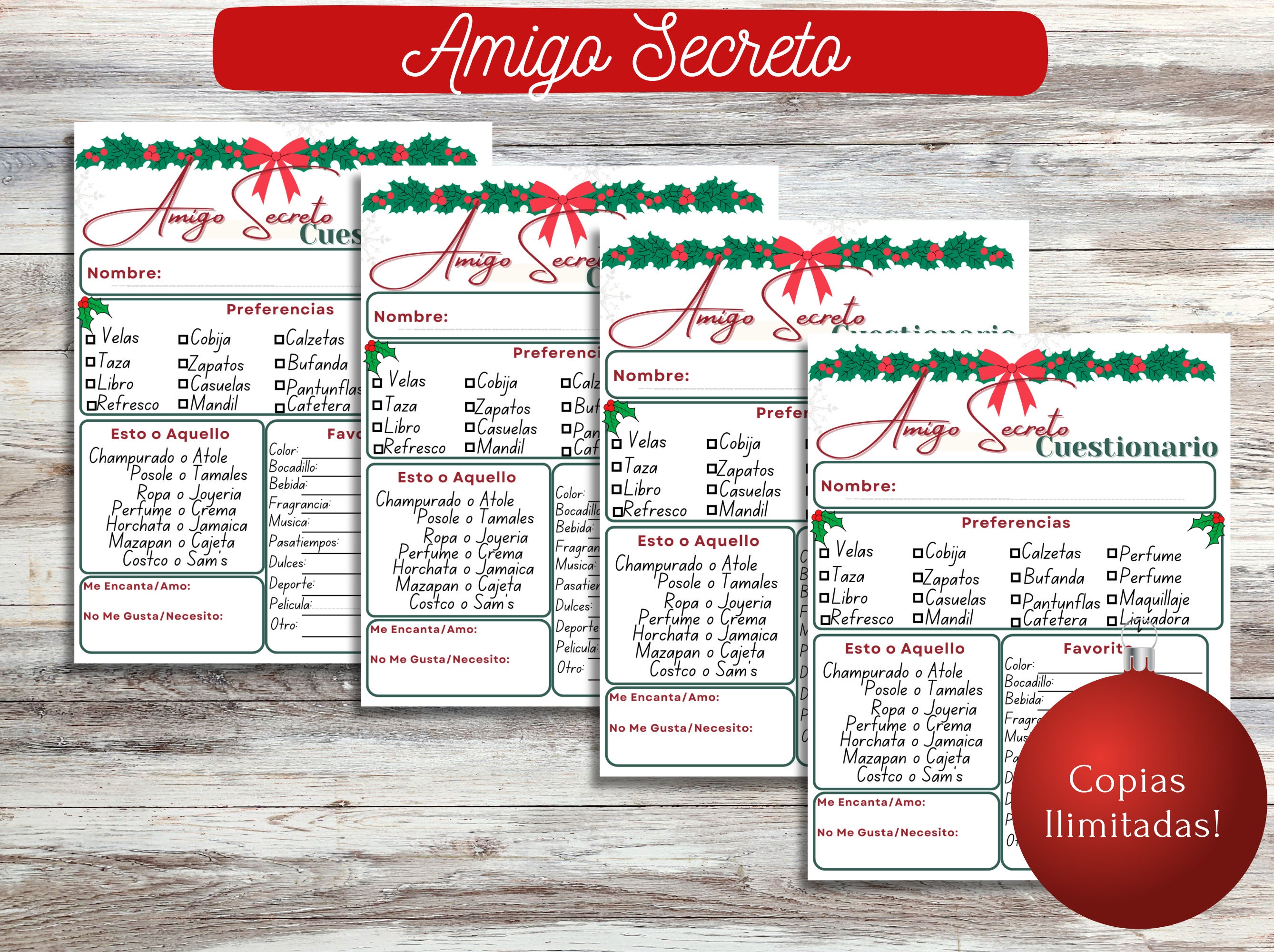 Spanish Secret Santa Questionnaire Template Amigo Secreto Navidad ...