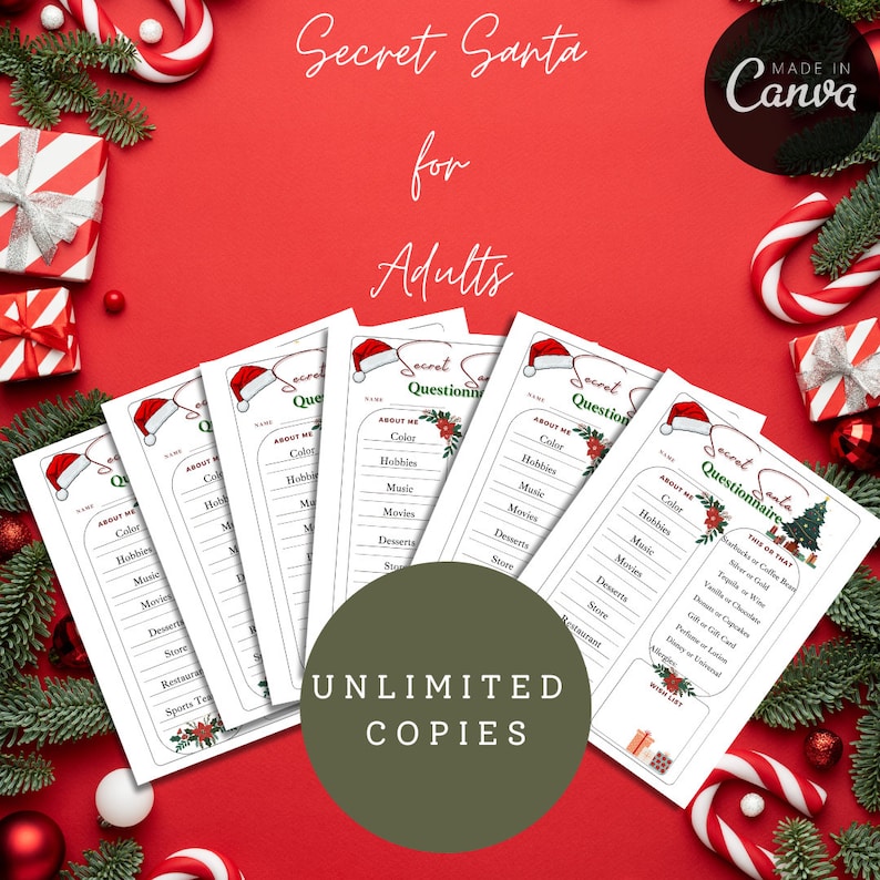 Secret Santa Questionnaire Printable for Adults, White Elephant Gift ...