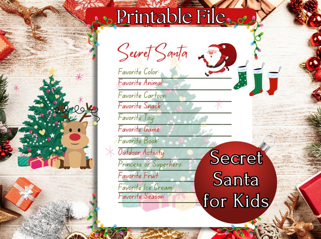 Kids Secret Santa Questionnaire Template White Elephant Gift Exchange ...