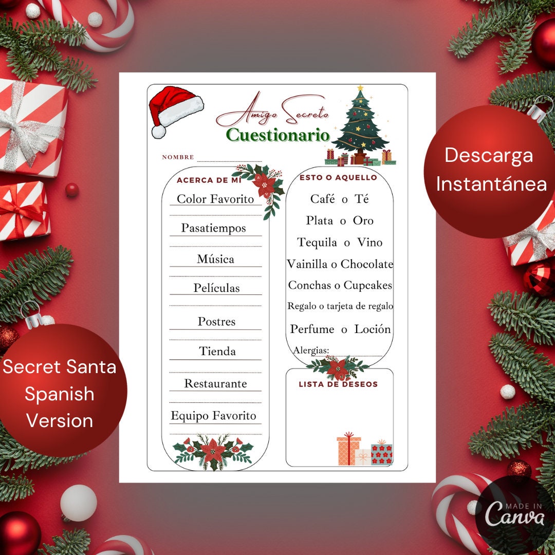 Secret Santa in Spanish Amigo Secreto Questionario - Etsy
