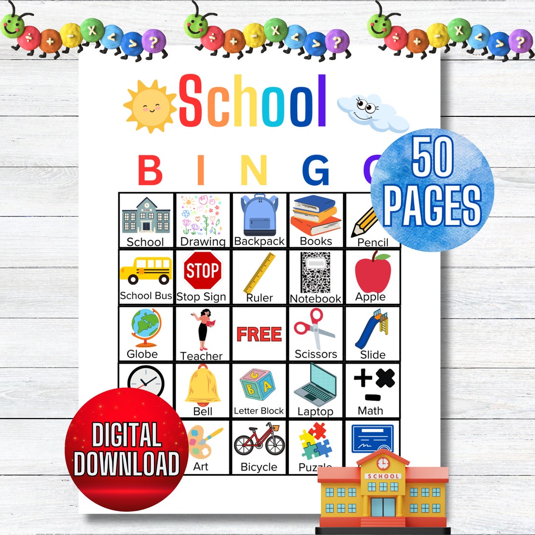 School Bingo Cards Printable for Kids Bingo Game Set for Kid Card Game ...