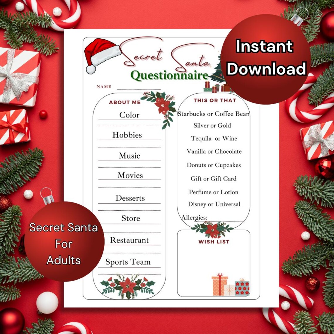 Secret Santa Questionnaire Template White Elephant Gift Exchange for ...