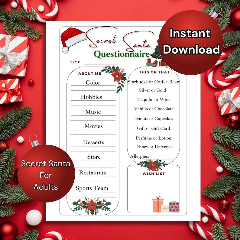 Secret Santa Questionnaire Template White Elephant Gift Exchange for ...