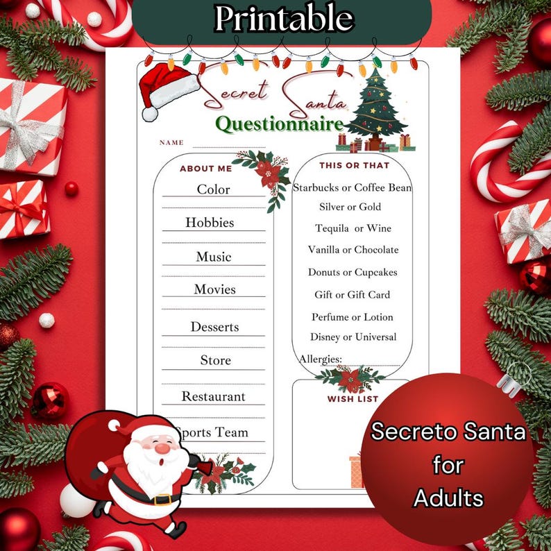 Secret Santa Questionnaire Printable for Adults, White Elephant Gift ...