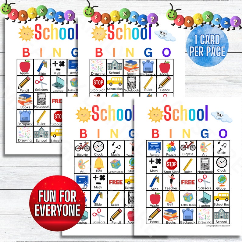 School Bingo Cards Printable for Kids Bingo Game Set for Kid Card Game ...