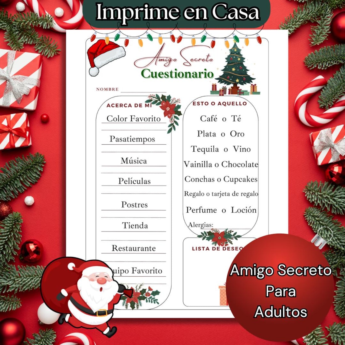 Spanish Secret Santa Questionnaire Template Amigo Secreto Navidad ...