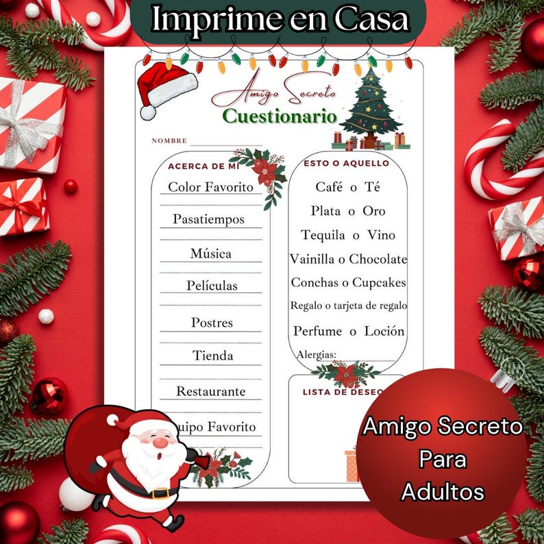 Spanish Secret Santa Questionnaire Template Amigo Secreto Navidad ...