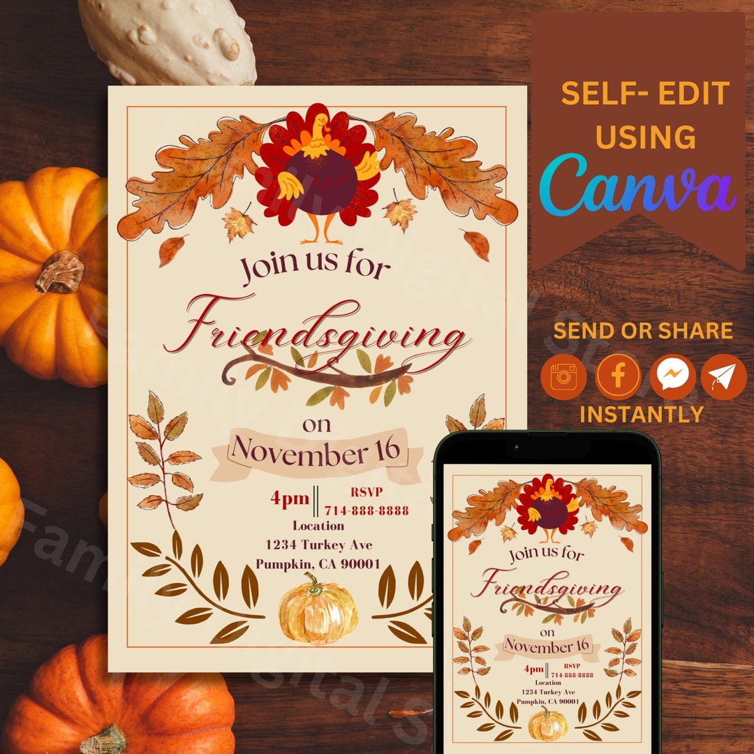 Friendsgiving Invitation Template, Thanksgiving Invite Digital, Turkey ...