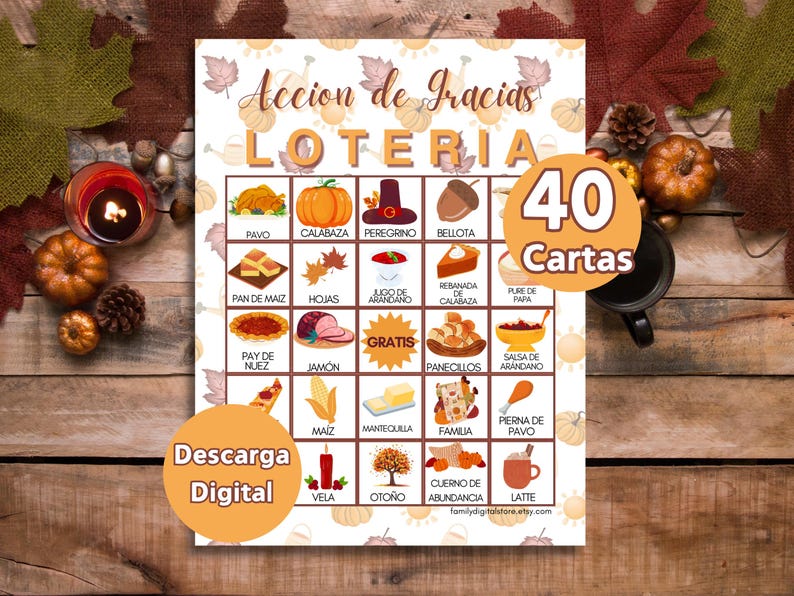 Spanish Thanksgiving Bingo Game, 40 Cards Printable - Etsy