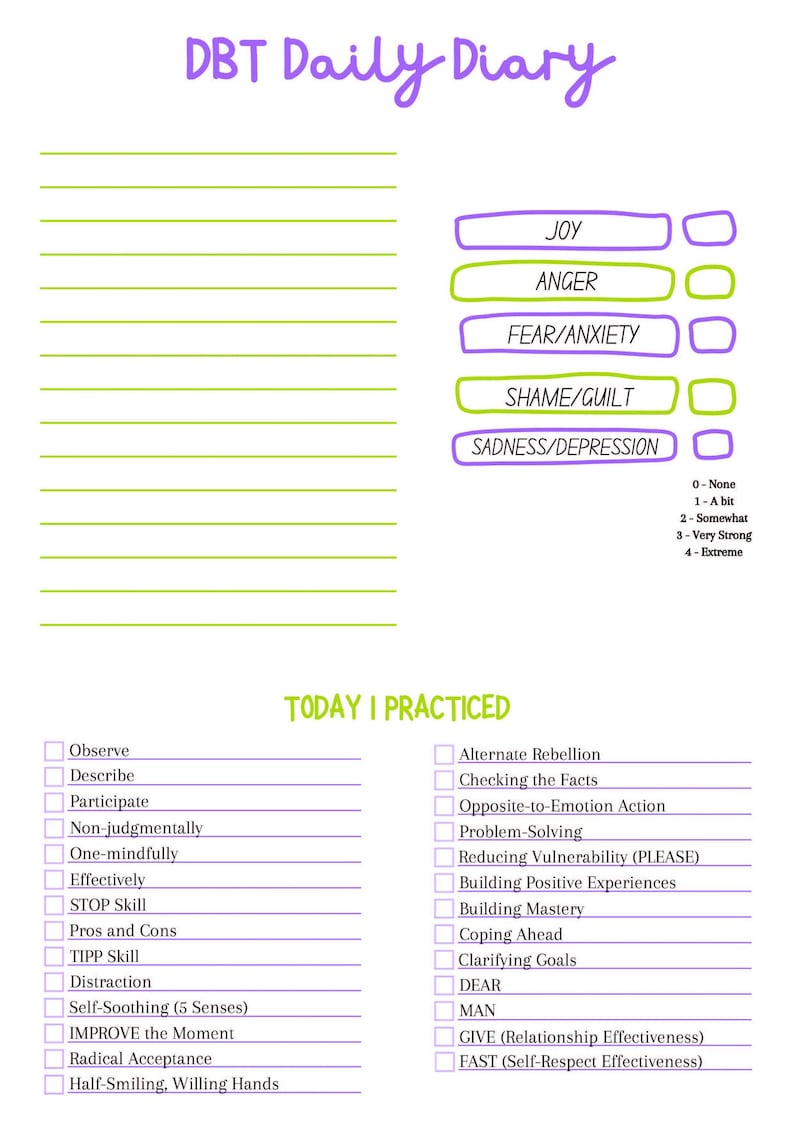 DBT Daily Diary Card and Skills Tracker Printable PDF - Etsy