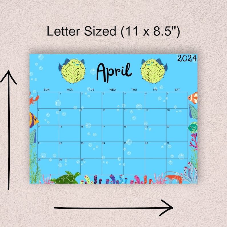 Printable "under the Sea" Themed Calendar 2024, 2024 Monthly Planner ...