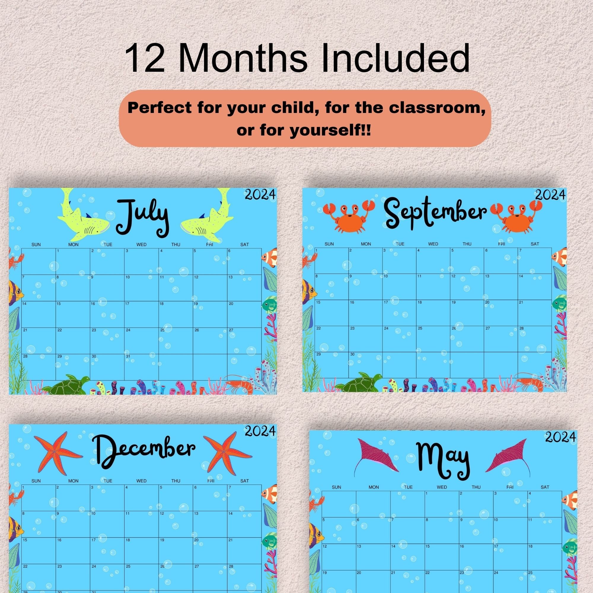Under the Sea Printable Calendar 2024, Kids Calendar, Fun Calendar ...