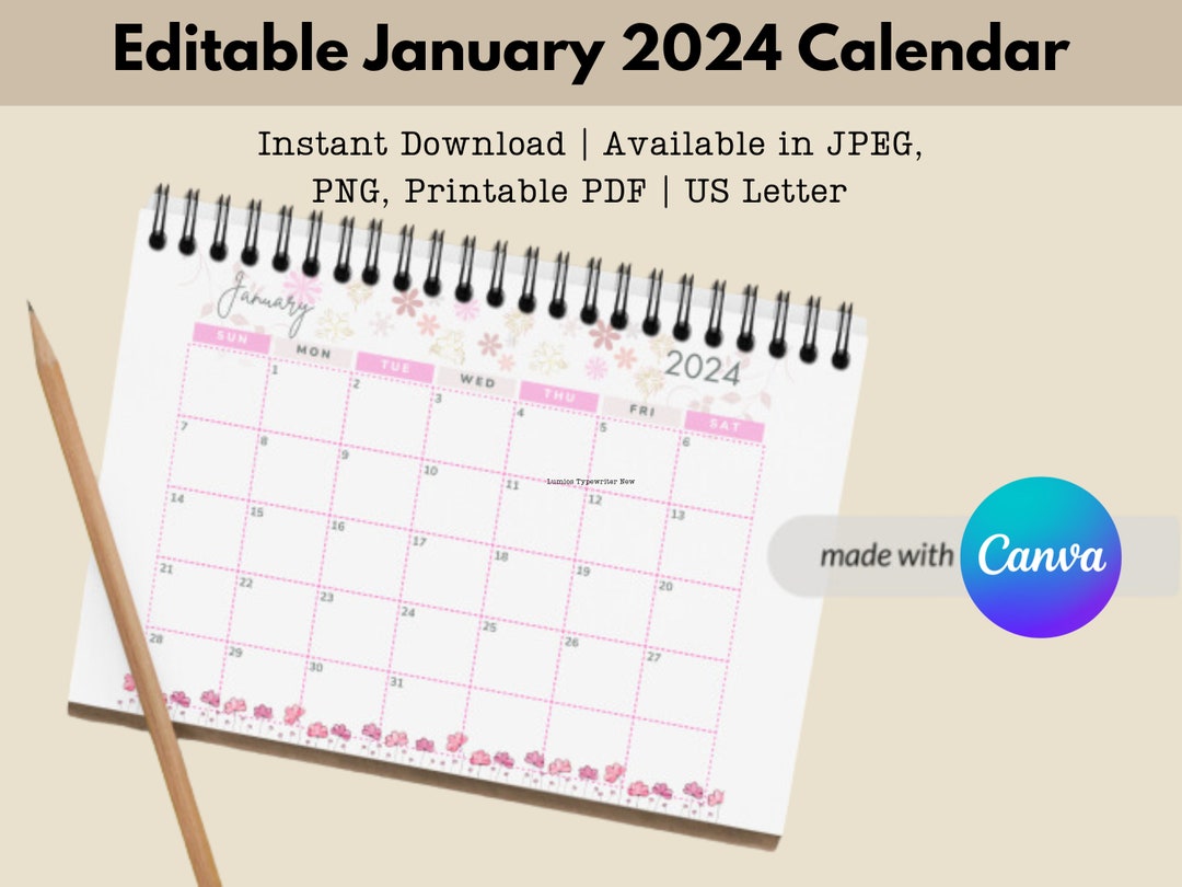 Editable January 2024 Calendar Canva Printable for Desk Wall Beautiful ...